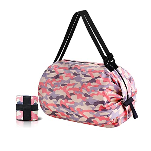 Reusable Shopping Bags, Foldable Grocery Storage Tote, Waterproof Oxford Cloth Duffle for shop, Large Durable Heavy Duty, Pink Camo