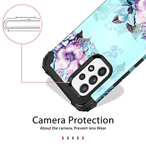 Casetego Compatible with Galaxy A53 5G Case,Floral Three Layer Heavy Duty Sturdy Shockproof Full Body Protective Cover Case for Samsung Galaxy A53 5G,Blue Flower