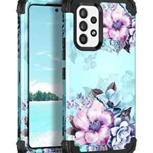 Casetego Compatible with Galaxy A53 5G Case,Floral Three Layer Heavy Duty Sturdy Shockproof Full Body Protective Cover Case for Samsung Galaxy A53 5G,Blue Flower