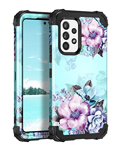 Casetego Compatible with Galaxy A53 5G Case,Floral Three Layer Heavy Duty Sturdy Shockproof Full Body Protective Cover Case for Samsung Galaxy A53 5G,Blue Flower