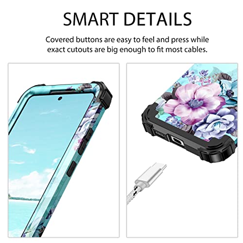 Casetego Compatible with Galaxy A53 5G Case,Floral Three Layer Heavy Duty Sturdy Shockproof Full Body Protective Cover Case for Samsung Galaxy A53 5G,Blue Flower