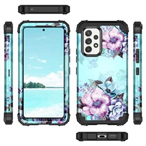 Casetego Compatible with Galaxy A53 5G Case,Floral Three Layer Heavy Duty Sturdy Shockproof Full Body Protective Cover Case for Samsung Galaxy A53 5G,Blue Flower