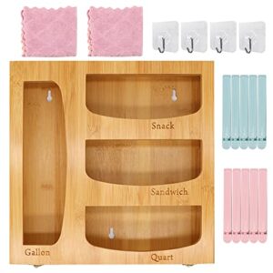 ziplock bag storage organizer, bamboo drawer organizer, ziplock bag organizer, compatible with ziploc, solimo, glad, hefty for gallon, quart, sandwich snack variety size bags (4 slots)