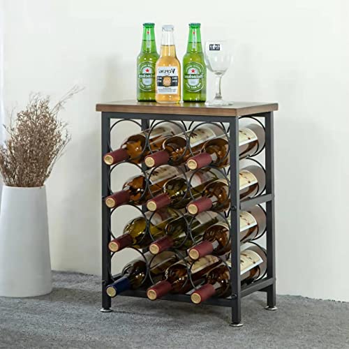 Fhesap Rustic 12 Bottles Wine Holder Rack Tabletop Wine Racks Countertop Wine Bottles Organizer Stand Tabletop Liquor Storage Shelf Wood & Iron, Small Bar Rack, 14.17L x 8.66W x 19.68H inches