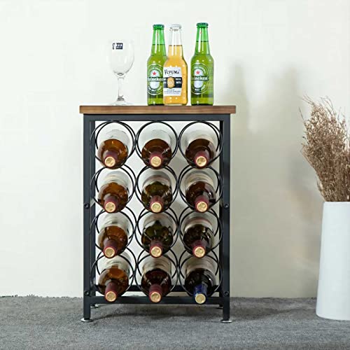 Fhesap Rustic 12 Bottles Wine Holder Rack Tabletop Wine Racks Countertop Wine Bottles Organizer Stand Tabletop Liquor Storage Shelf Wood & Iron, Small Bar Rack, 14.17L x 8.66W x 19.68H inches