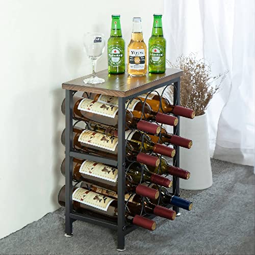 Fhesap Rustic 12 Bottles Wine Holder Rack Tabletop Wine Racks Countertop Wine Bottles Organizer Stand Tabletop Liquor Storage Shelf Wood & Iron, Small Bar Rack, 14.17L x 8.66W x 19.68H inches