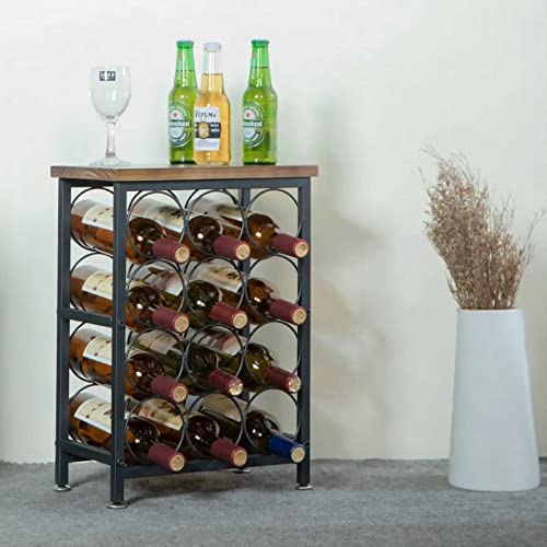 Fhesap Rustic 12 Bottles Wine Holder Rack Tabletop Wine Racks Countertop Wine Bottles Organizer Stand Tabletop Liquor Storage Shelf Wood & Iron, Small Bar Rack, 14.17L x 8.66W x 19.68H inches