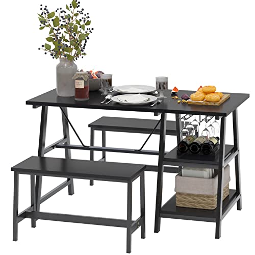 sogesfurniture 3-Piece Dining Room Table Set, Kitchen Table with Bench, Breakfast Table with Wine Rack and Glass Holder for Home, Kitchen, Dining Room (47.2", Black)