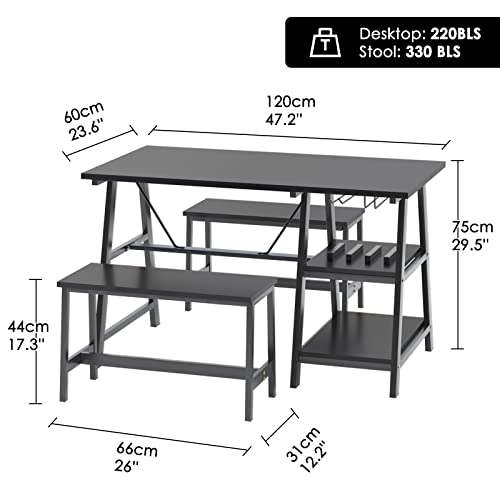 sogesfurniture 3-Piece Dining Room Table Set, Kitchen Table with Bench, Breakfast Table with Wine Rack and Glass Holder for Home, Kitchen, Dining Room (47.2", Black)