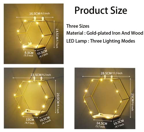 Liywall - Hexagon Floating Shelves Wall Decor, Gold Metal Wire and Wood Wall Mounted Storage Shelf Home Decorations Art for Bedroom Living Room Kitchen Bathroom, Set of 3 with LED Lights