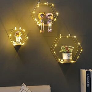 Liywall - Hexagon Floating Shelves Wall Decor, Gold Metal Wire and Wood Wall Mounted Storage Shelf Home Decorations Art for Bedroom Living Room Kitchen Bathroom, Set of 3 with LED Lights