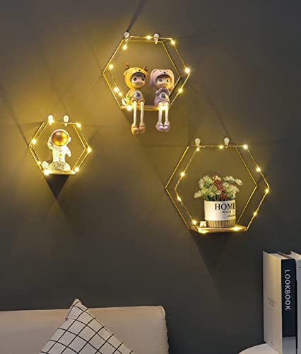 Liywall - Hexagon Floating Shelves Wall Decor, Gold Metal Wire and Wood Wall Mounted Storage Shelf Home Decorations Art for Bedroom Living Room Kitchen Bathroom, Set of 3 with LED Lights