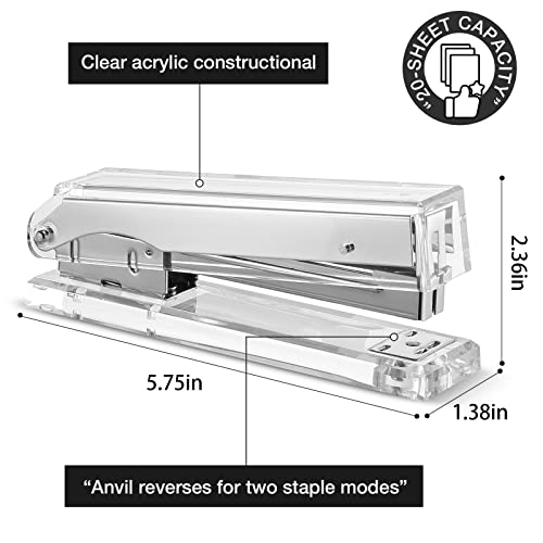 EXPUTRAN Standard Acrylic Stapler and Staple Remover Set, Takes Standard 24/6 or 26/6 Staples, Modern Design Desk Accessory Kit for Home, Office, or School(Silver)