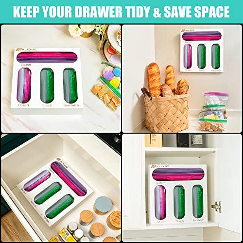 ALEXUZ Bamboo Food Storage Bag Organizer for Kitchen Drawer, Baggie Organizer Dispenser Compatible with Ziploc, Solimo, Glad, Hefty for Gallon, Quart, Sandwich & Snack Variety Size Bags (White)