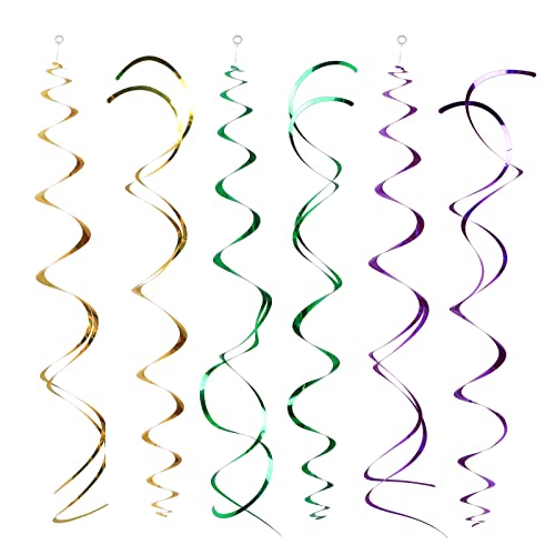 Mefuny Pack of 30 Purple Gold Green Hanging Swirl Decorations Mardi Gras Sparkly Streamers Foil Swirls for Ceiling Decorations Party Supplies