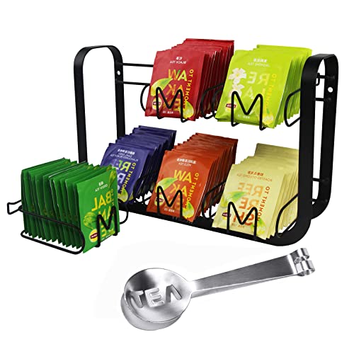 Tea Bag Organizer Storage and Display Rack with a Tea Bag Squeezer Stainless Steel Tea Bag Tongs for Cabinet and Counter or Wall Mount ,can Hold up to 120 Standard Size of Tea Bags