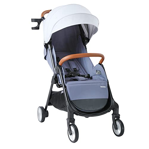 Baby Lightweight Travel Stroller, Besrey Self Folding Automatic Baby Carriage with One-Hand Gravity Fold, Waterproof Canopy, Toddler Compact Portable Stroller with Shock-Absorbing Wheel, up to 50lbs