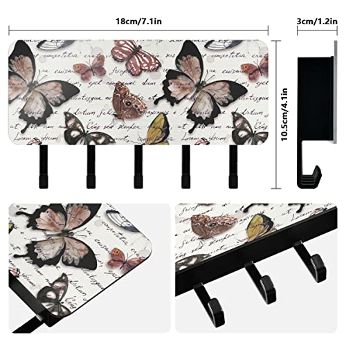 MCHIVER Butterflies Handwritten Letter Key Holder for Wall Decorative Mail Organizer Holders Wall Mounted Key Hangers with 5 Hooks Mounting Hardware Key Rack for Entryway Hallway Garage