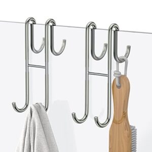 over shower glass door hook, 2 pack silver 304 stainless steel extended shower door hooks, bathroom frameless drilling-free hanger, double side towel hooks, for bathing suits, robe, loofah, shaver