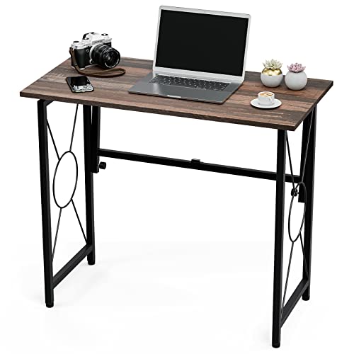 RISWER Foldable Desk,Folding Computer Desk for Small Spaces 31.5 inch Small Folding Table for Home Office Metal Frame Collapsible Desk for Laptop No Assembly Rustic Style