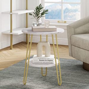 Nathan James Alexis Round Modern Side Accent, End Table with Metal Legs and Faux-Marble Tabletop for Living Bedroom and Nursery Room, 18D x 18W x 22H in, White/Gold