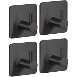 lgowithyou adhesive hooks, modern matte heavy duty waterproof towel hooks- 304 stainless steel hooks for hanging coat, hat, robe, stick on wall hooks for bathroom & kitchen- 4 packs (black)