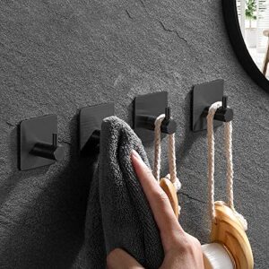 Lgowithyou Adhesive Hooks, Modern Matte Heavy Duty Waterproof Towel Hooks- 304 Stainless Steel Hooks for Hanging Coat, Hat, Robe, Stick on Wall Hooks for Bathroom & Kitchen- 4 Packs (Black)