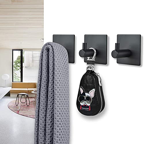 Lgowithyou Adhesive Hooks, Modern Matte Heavy Duty Waterproof Towel Hooks- 304 Stainless Steel Hooks for Hanging Coat, Hat, Robe, Stick on Wall Hooks for Bathroom & Kitchen- 4 Packs (Black)