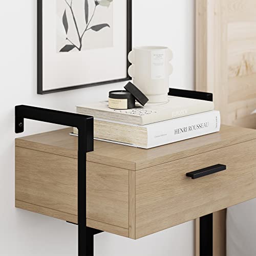 Nathan James Jenny 2-Tier Industrial Wood Wall Mount Rustic Bedside Table Nightstand with Drawer and Storage Shelf, 1, Oak/Black