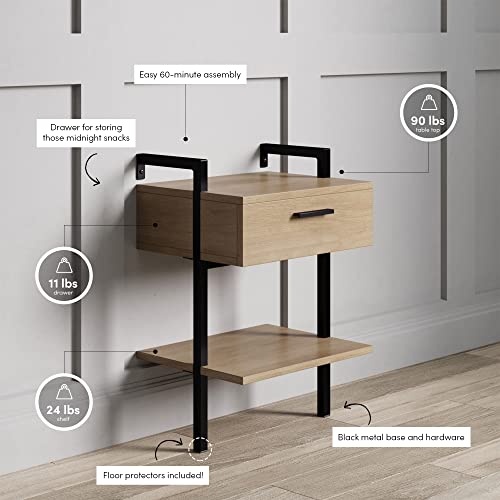 Nathan James Jenny 2-Tier Industrial Wood Wall Mount Rustic Bedside Table Nightstand with Drawer and Storage Shelf, 1, Oak/Black