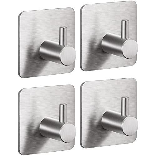 Lgowithyou Adhesive Hooks, Modern Matte Heavy Duty Waterproof Towel Hooks- 304 Stainless Steel Hooks for Hanging Coat, Hat, Robe, Stick on Wall Hooks for Bathroom & Kitchen- 4 Packs (Sliver)