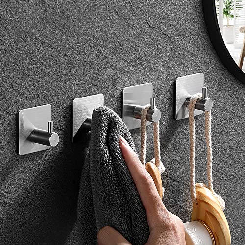 Lgowithyou Adhesive Hooks, Modern Matte Heavy Duty Waterproof Towel Hooks- 304 Stainless Steel Hooks for Hanging Coat, Hat, Robe, Stick on Wall Hooks for Bathroom & Kitchen- 4 Packs (Sliver)