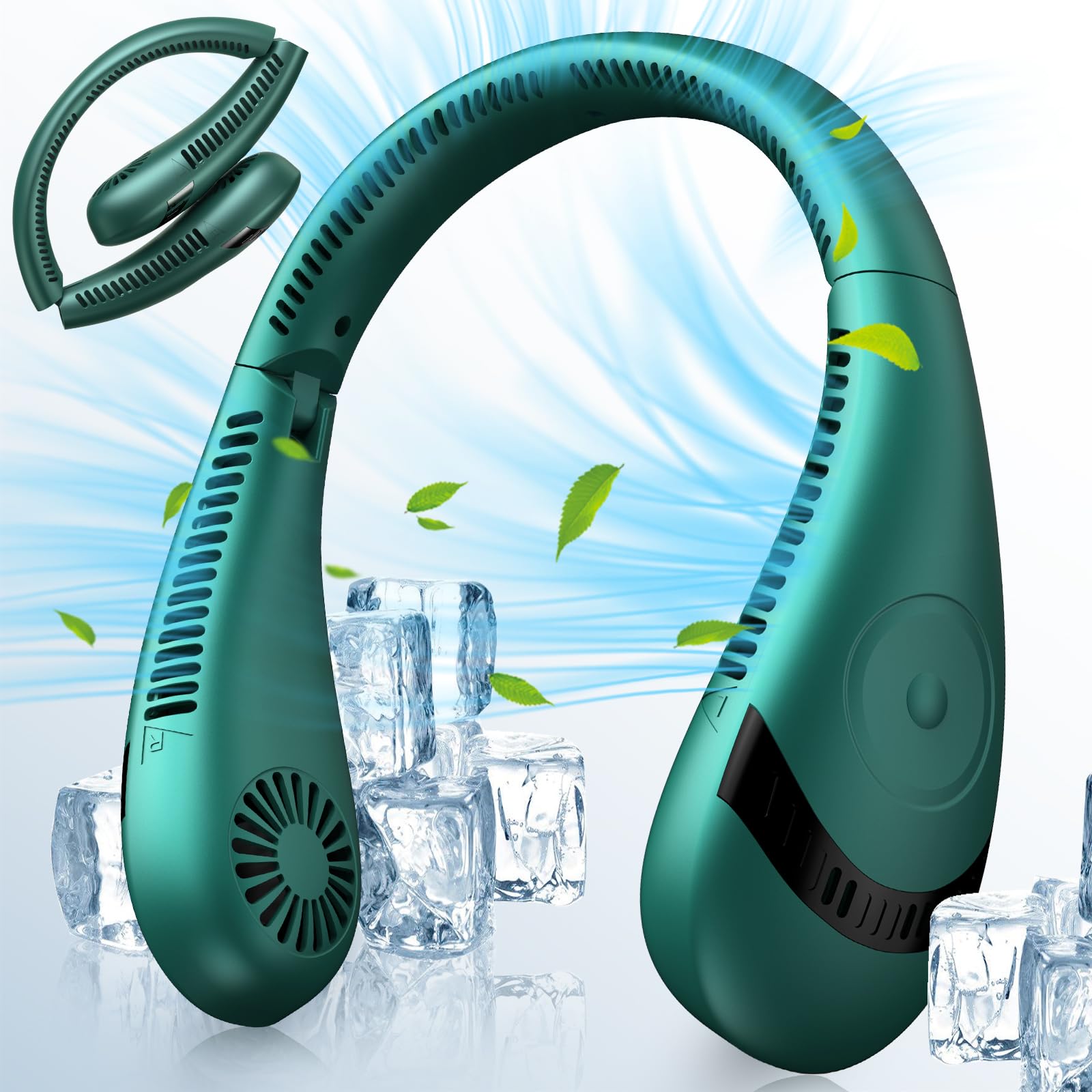 Neck Fan, 5000mAh Foldable Bladeless Neck Fans Portable Rechargeable, 3 Speeds Adjustment 360° Cooling Airflow, Hands Free Wearable Personal Fan, USB Powered, Portable Fan for Travel Outdoor-Green