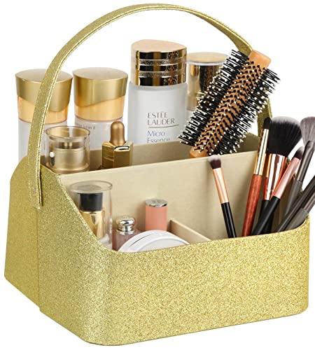 HofferRuffer Faux Leather Cosmetics Organiser, 5-Compartment Makeup Caddy Holder, Portable Organizer Caddy Tote Divided Basket Bin, Dressing Table Organiser for Skincare, Perfume and Make Up (Gold)