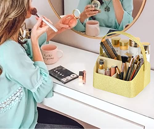 HofferRuffer Faux Leather Cosmetics Organiser, 5-Compartment Makeup Caddy Holder, Portable Organizer Caddy Tote Divided Basket Bin, Dressing Table Organiser for Skincare, Perfume and Make Up (Gold)