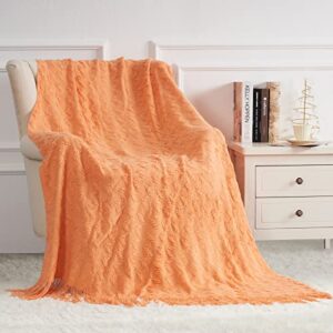 quinnsus knit throw blanket for bed, soft lightweight decorative bed throw blankets, jacquard textured boho summer throw blanket with tassels for bed, sofa and living room (orange, 50 x 60 inches)