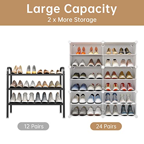 KOUSI Portable Shoe Rack Organizer 24 Pairs Tower Shelf Storage Cabinet Stand Expandable for Heels, Boots, Slippers, 6 Tier White