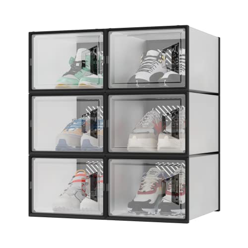 Closacessy 6 Pack Shoe Box Clear Platic Stackable Shoe Storage Containers, Drop Front Sneaker Storage Space Saving Shoe Organizer Box, Fit Up to Size 14 Black