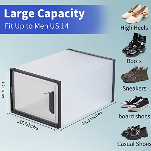 Closacessy 6 Pack Shoe Box Clear Platic Stackable Shoe Storage Containers, Drop Front Sneaker Storage Space Saving Shoe Organizer Box, Fit Up to Size 14 Black