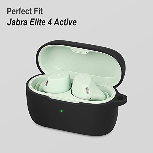 Geiomoo Silicone Carrying Case Compatible with Jabra Elite 4 Active, Portable Scratch Shock Resistant Cover with Carabiner (Black-1)