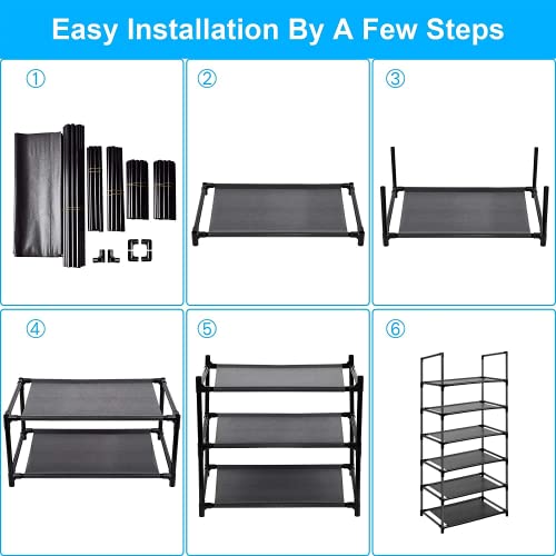 Easyhouse 6 Tier Metal Structure Free Standing Shoe Rack for Small Space Entryway, Bedroom, Closet, Narrow Vertical Shelf Organizer for Space Saving Storage