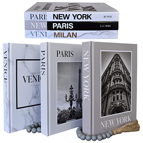 Dual Display Large Premium Decorative Books with Blank Pages, Removable Dust Covers, Wooden Bead Garland and Twine - Set of 3 (Grey) - Neutral and Modern Decorative Book Stack for Home Decor - Fashion Designer Display Books, Faux Books - for Decoration, B