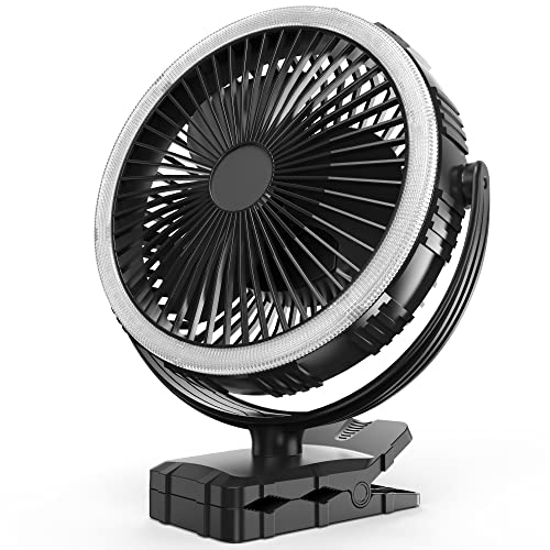 10000mAh Rechargeable Battery Operated Fan, 8-INCH Portable Clip On Fan, Camping Fan with LED Light, 3 Quiet Speeds, Sturdy Clamp & Hanging Hook for Home, Office, Dorm, Outdoor Activities, More