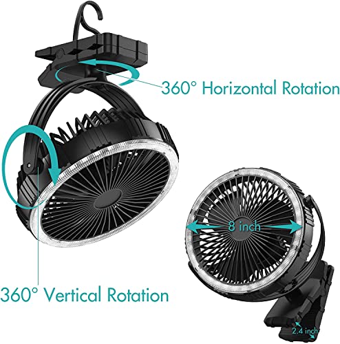 10000mAh Rechargeable Battery Operated Fan, 8-INCH Portable Clip On Fan, Camping Fan with LED Light, 3 Quiet Speeds, Sturdy Clamp & Hanging Hook for Home, Office, Dorm, Outdoor Activities, More