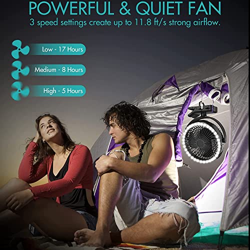 10000mAh Rechargeable Battery Operated Fan, 8-INCH Portable Clip On Fan, Camping Fan with LED Light, 3 Quiet Speeds, Sturdy Clamp & Hanging Hook for Home, Office, Dorm, Outdoor Activities, More