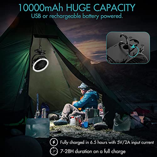 10000mAh Rechargeable Battery Operated Fan, 8-INCH Portable Clip On Fan, Camping Fan with LED Light, 3 Quiet Speeds, Sturdy Clamp & Hanging Hook for Home, Office, Dorm, Outdoor Activities, More