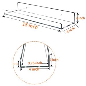 Dulinkas 15-Inch 4 Pcs Floating Shelves Clear Acrylic Shelves Invisible Floating Wall Ledge Bookshelf 5MM Thick Premium Book Display Shelves Wall Mounted Bathroom Kitchen Organizer