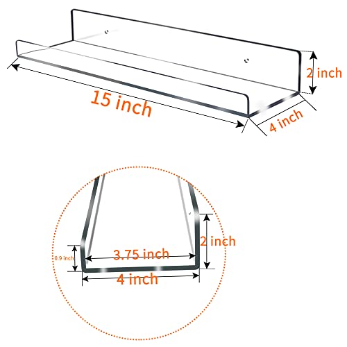 Dulinkas 15-Inch 4 Pcs Floating Shelves Clear Acrylic Shelves Invisible Floating Wall Ledge Bookshelf 5MM Thick Premium Book Display Shelves Wall Mounted Bathroom Kitchen Organizer