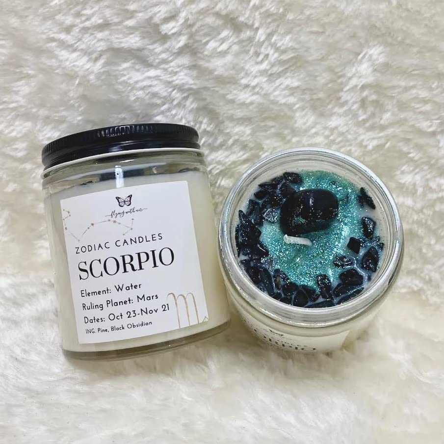 6 Oz Scorpio Zodiac Crystal Candle - Astrology Vegan Soy Candle - Aromatherapy Stress Relief - Obsidian Gemstones