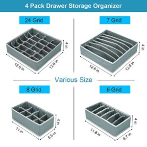 4-Pack Drawer Underwear Storage Organizer Set - Cooyokit Foldable Storage Divider For Closet, Cabinet Collapsible Storage Container For Storing Lingerie, Bras (A-C), Socks, Tie etc. (4 Pack, Grey)